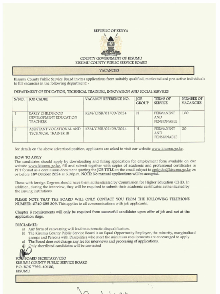 Department of Education Advert For Ecde and Vocational Trainers | PDF