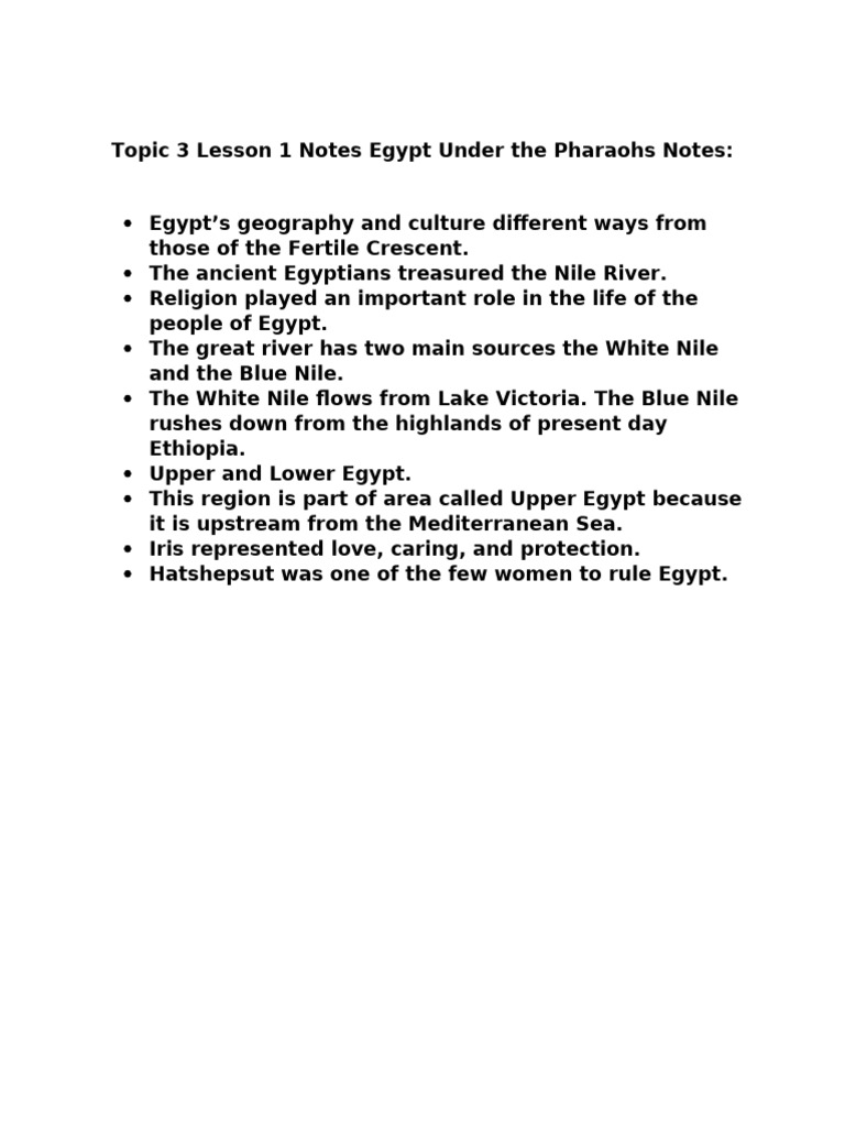 Topic 3 Lesson 1 Notes Egypt Under The Pharaohs Notes | PDF