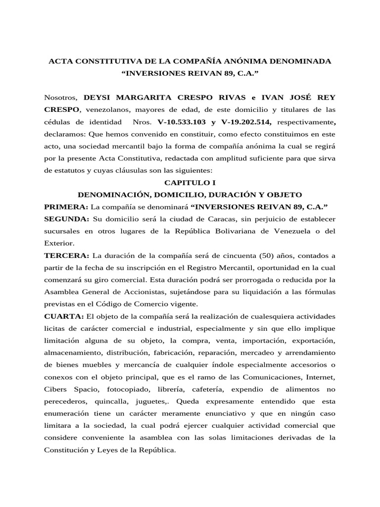 Acta Constitutiva de Inversiones Chimaras 3, C.A. | PDF