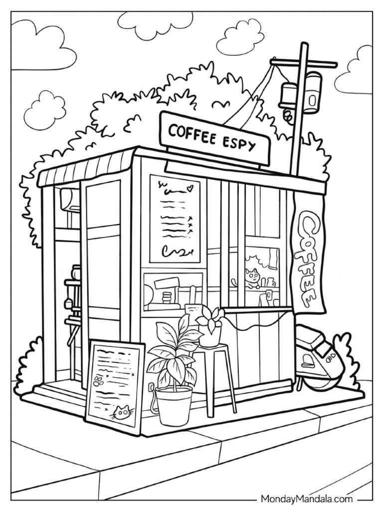 Cozy Coffee Shack Coloring Sheet | PDF