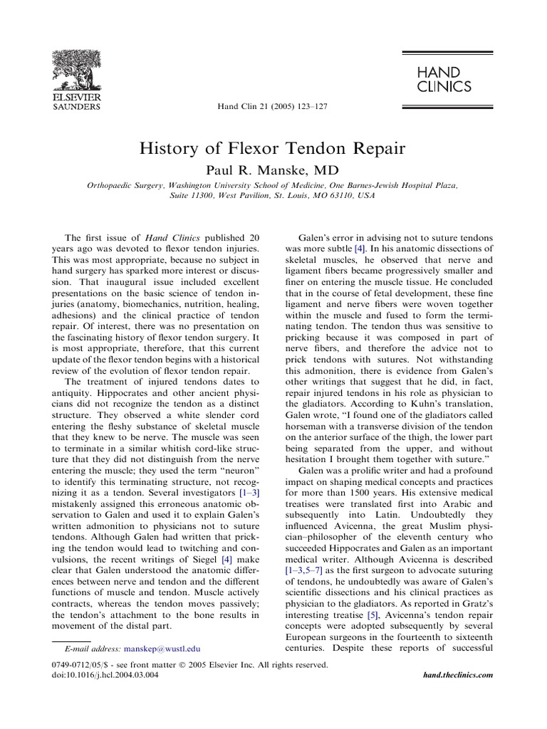 History of Flexor Tendon Repair: Paul R. Manske, MD | PDF