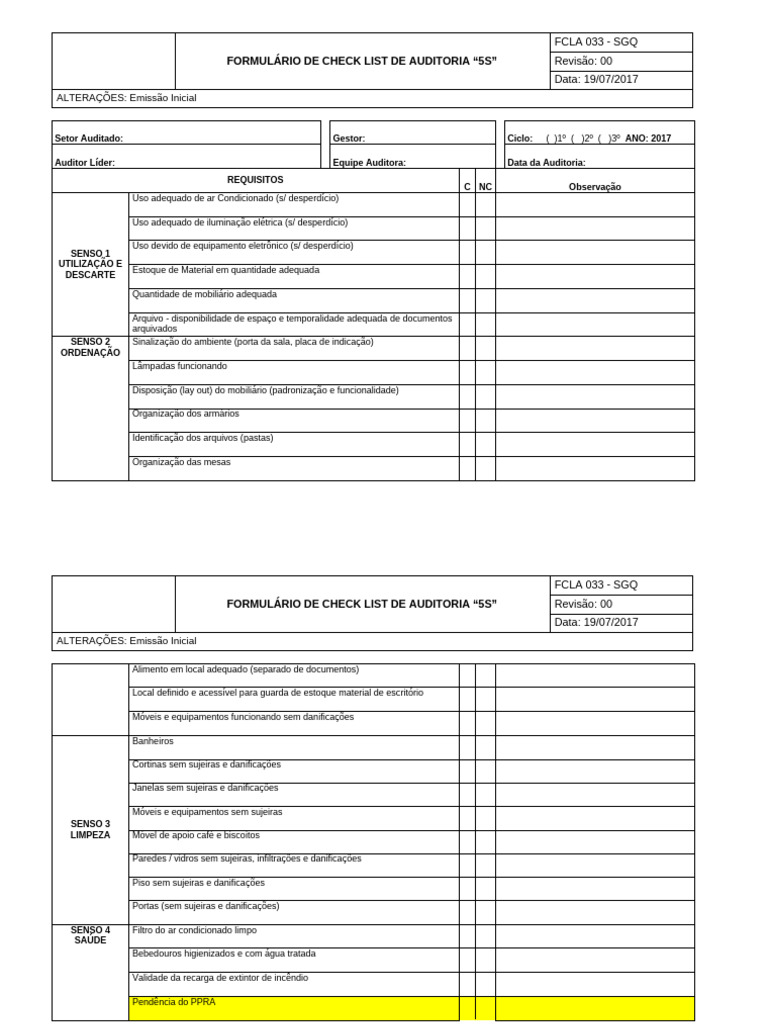 MODELO - FCLA 033 - FORMULÁRIO DE CHECK LIST DE AUDITORIA 5S Rev 00 | PDF