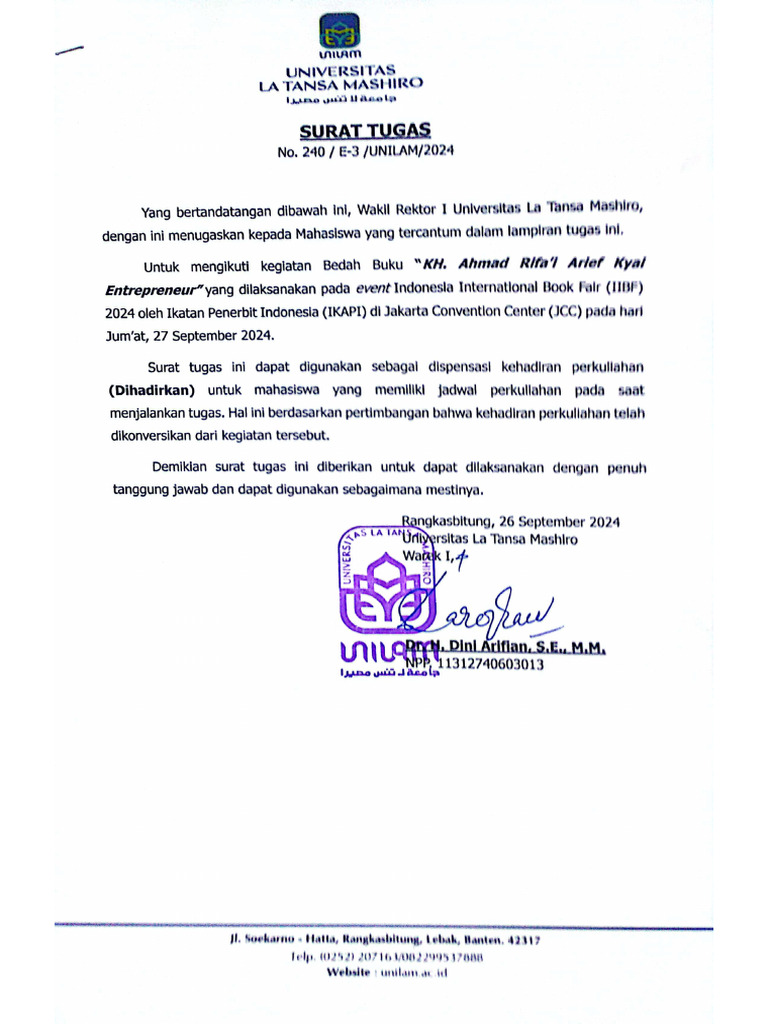 Surat Tugas Dan Dispensasi Kehadiran Mahasiswa Acara Bedah Buku Pa ...
