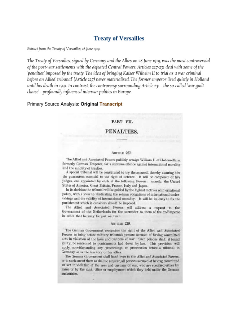 Treaty of Versailles Analysis | PDF | Justice | Crime & Violence