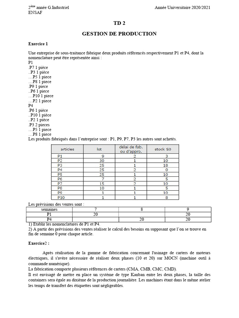 TD1 - Gestion de Production | PDF