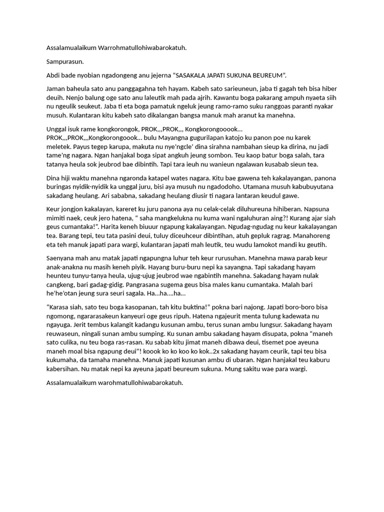 Dongeng Sasakala Japati Sukuna Beureum | PDF