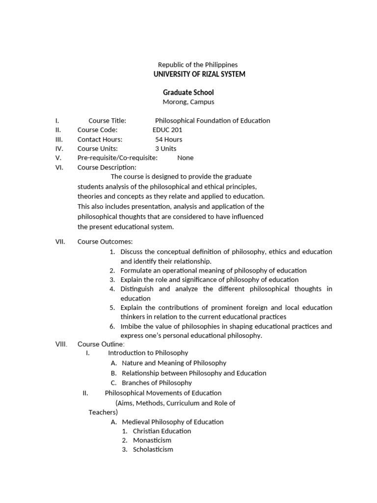 SYLLABUS IN EDUC 201 Final For Students | PDF | Philosophy Of Education | Science & Mathematics