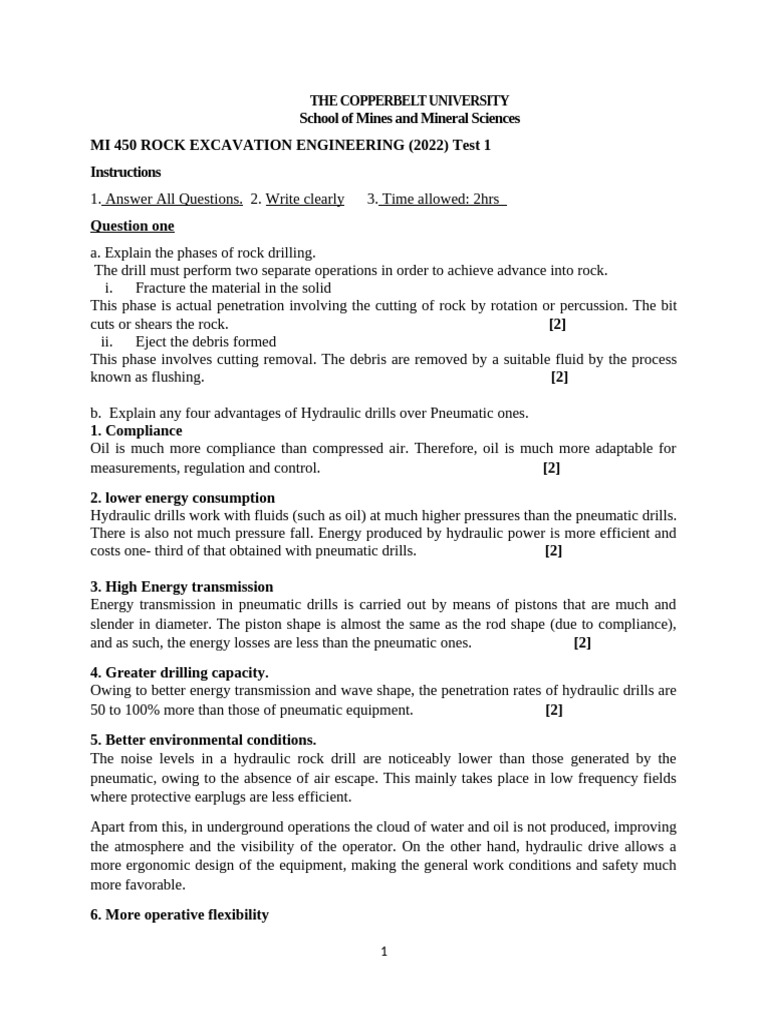 MI 450 Test 1 Solutions - 2022 | PDF | Drill | Science & Mathematics