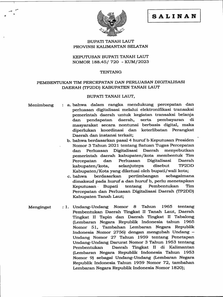 SK Pembentukan Tim Percepatan Dan Perluasan Digitalisasi Daerah (TP2DD ...