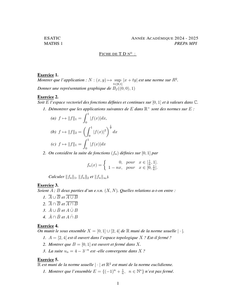 TD1 Maths 1 MPI 2024 - 2025 | PDF