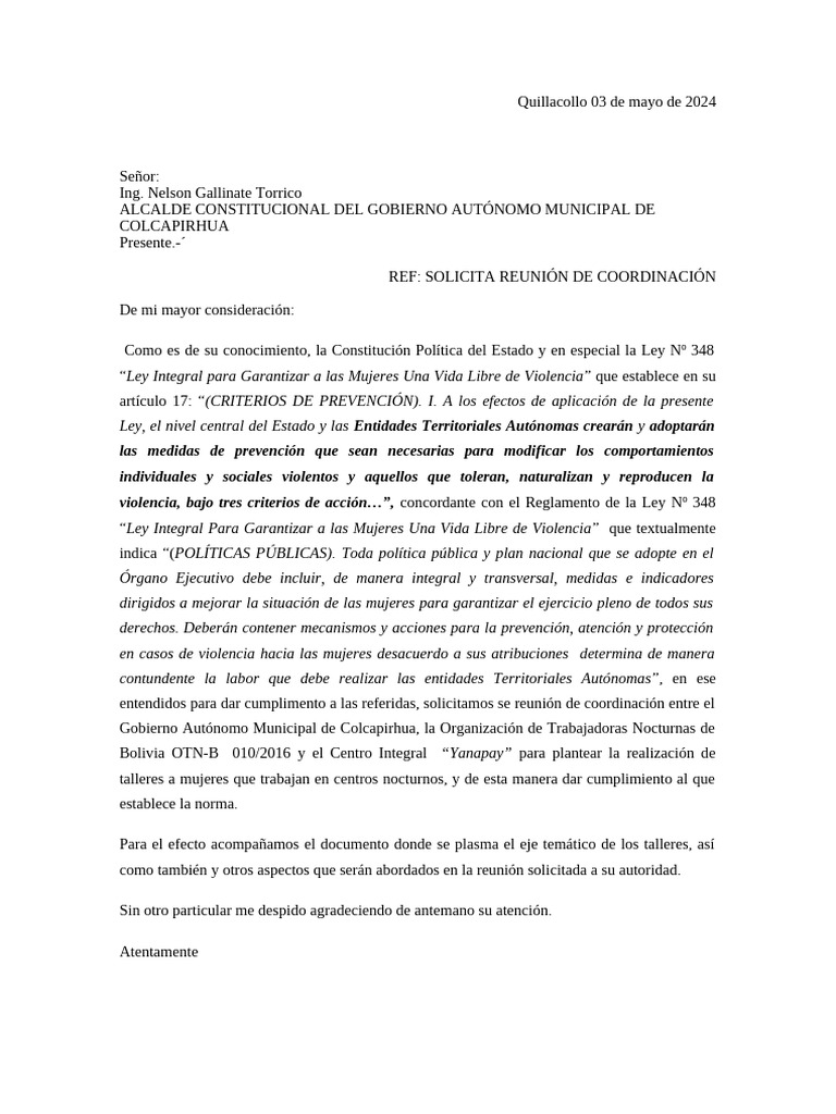 Carta para GAM Colcapirhua | PDF