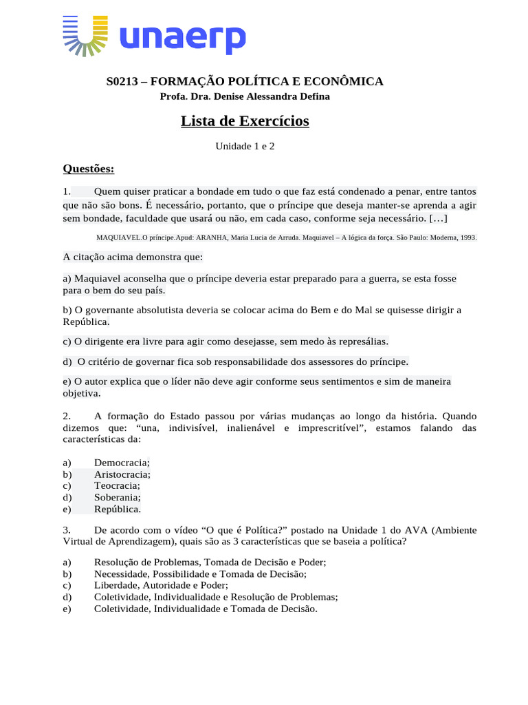 Lista de ExercÃ Cio Un 1 e 2 | PDF