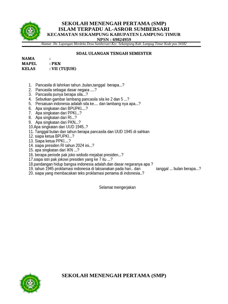 Penilaian Tengah Semester Ganjil 24 | PDF