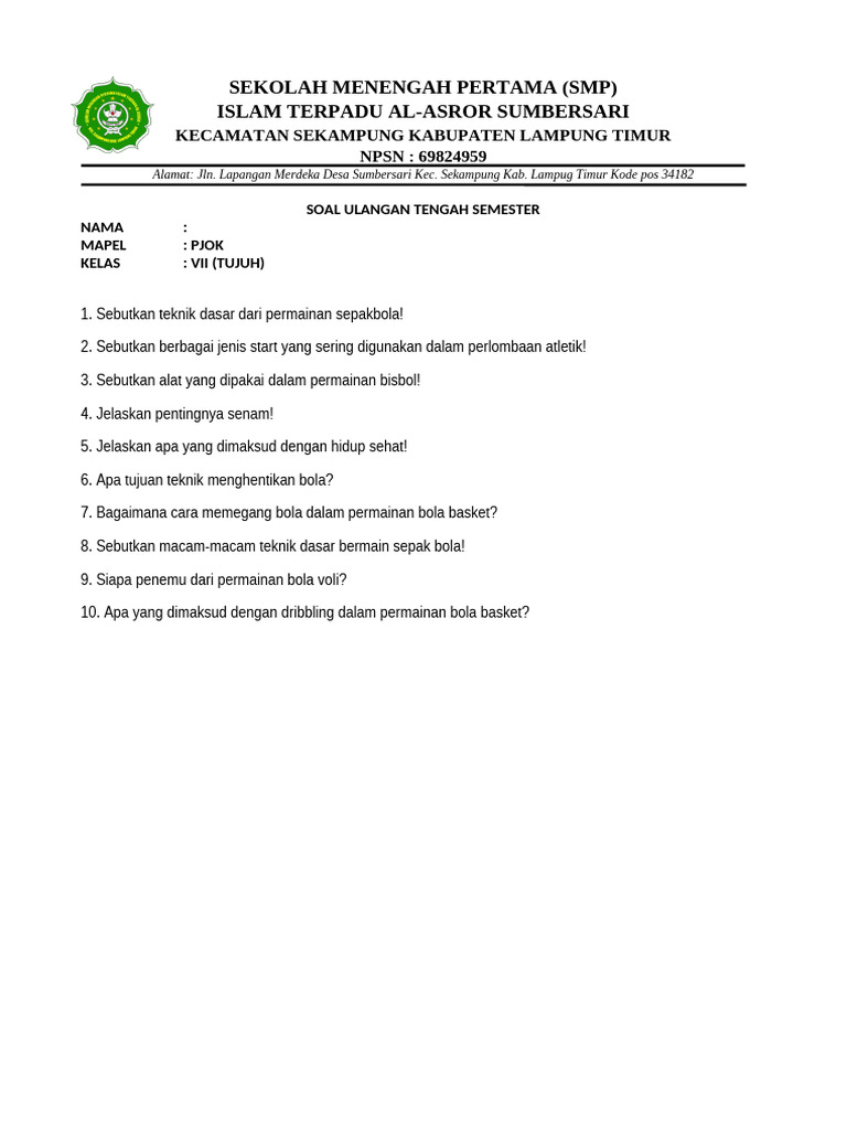 Soal Essay PJOK Mid Sem 1 | PDF