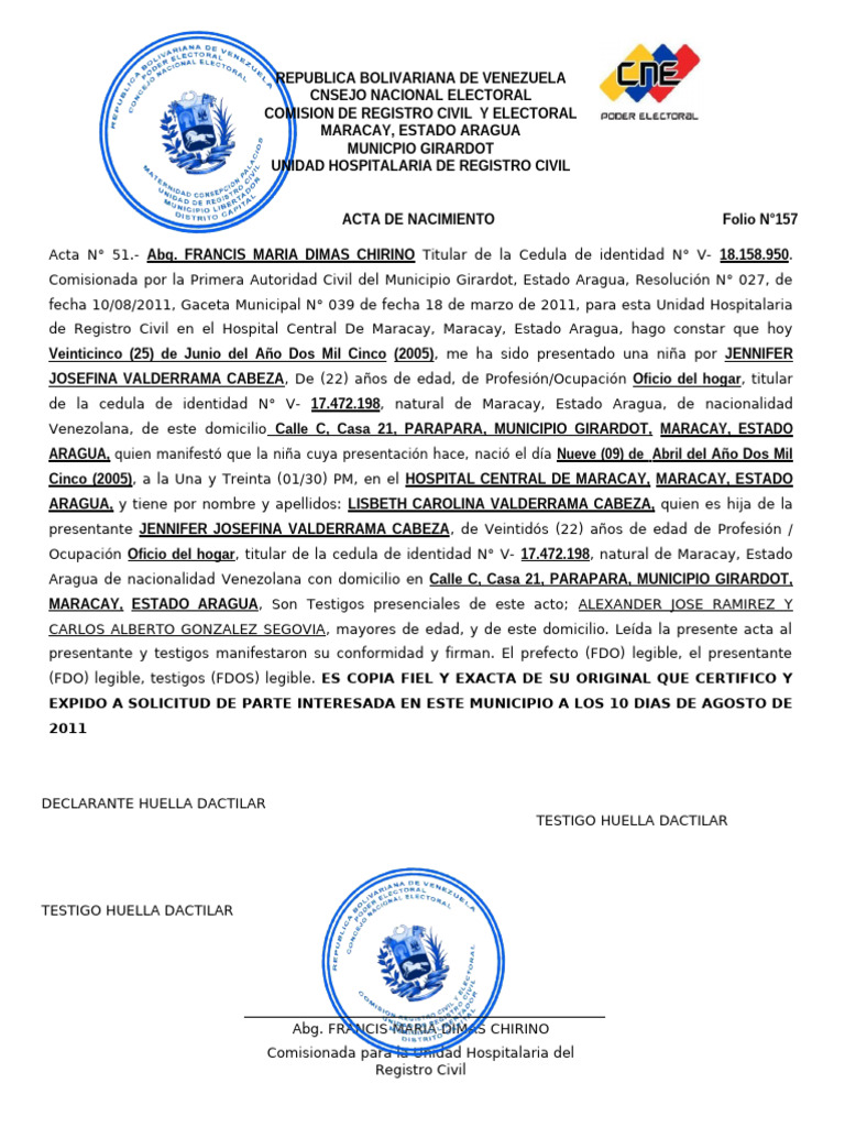 Acta de Nacimiento Lisbeth Valderrama | PDF