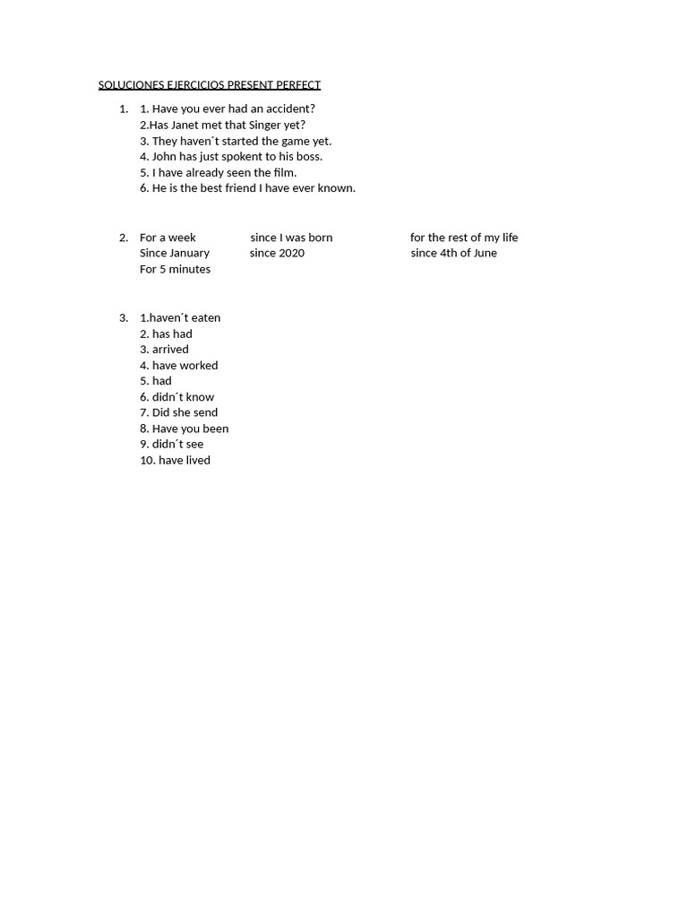 Soluciones Ejercicios Present Perfect | PDF