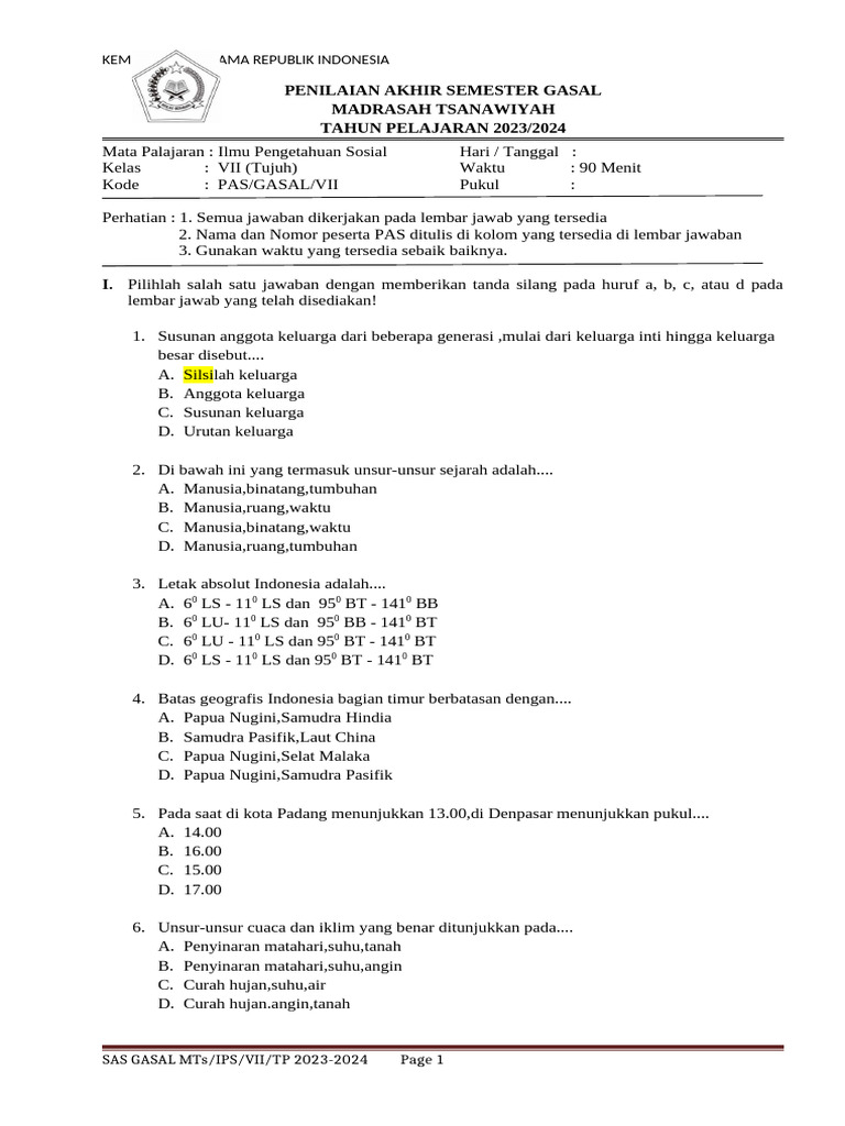 SOAL IPS PAS 23-24 Gasal | PDF