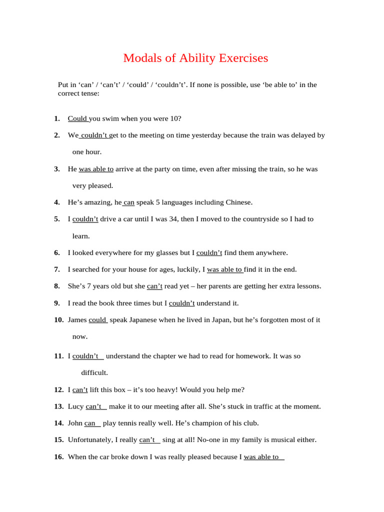 Can, Could & Be Able To Exercises Solved | PDF