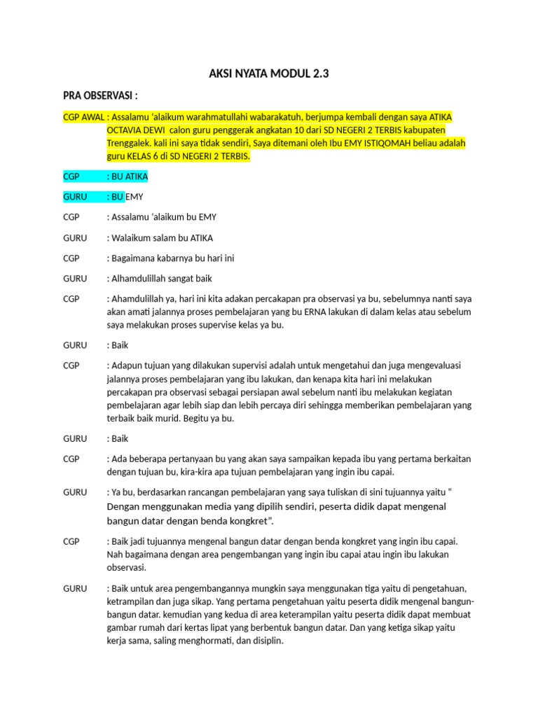 Percakapan Aksi Nyata Modul 2.3 | PDF