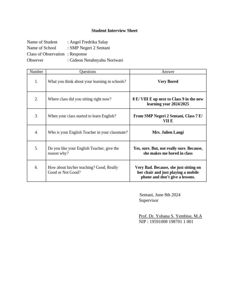 Student Interview Sheet (1 NNW) | PDF