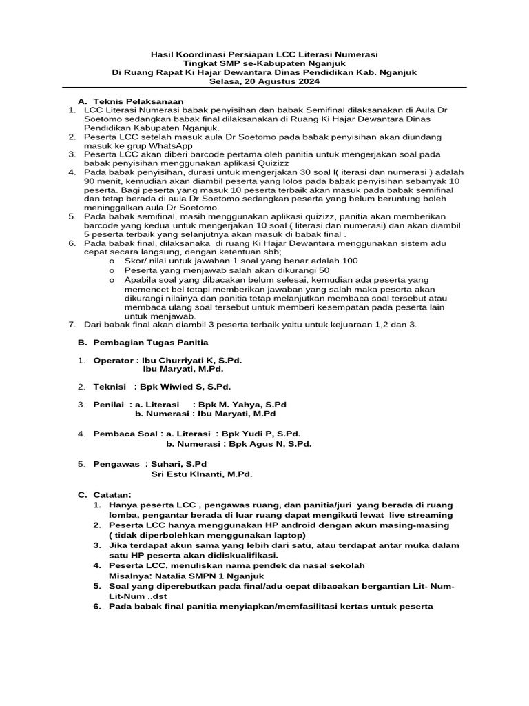 Hasil Koordinasi Persiapan LCC Literasi Numerasi | PDF