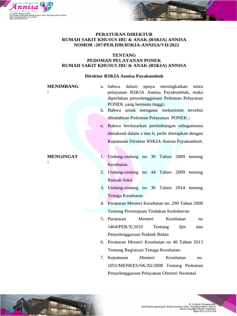 Perdir Pedoman Pelayanan Tim Ponek | PDF