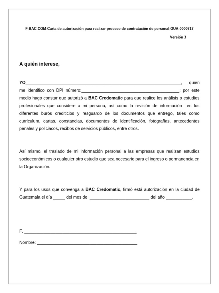 F-BAC-COM-Carta de Autorización para Realizar Proceso de Contratación de personal-GUA-0000717 | PDF