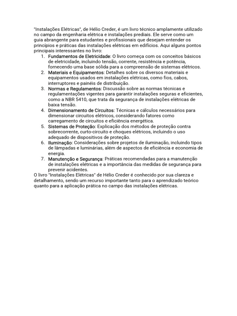Resumo Do Livro Instalações Elétricas Por Helio Creder | PDF