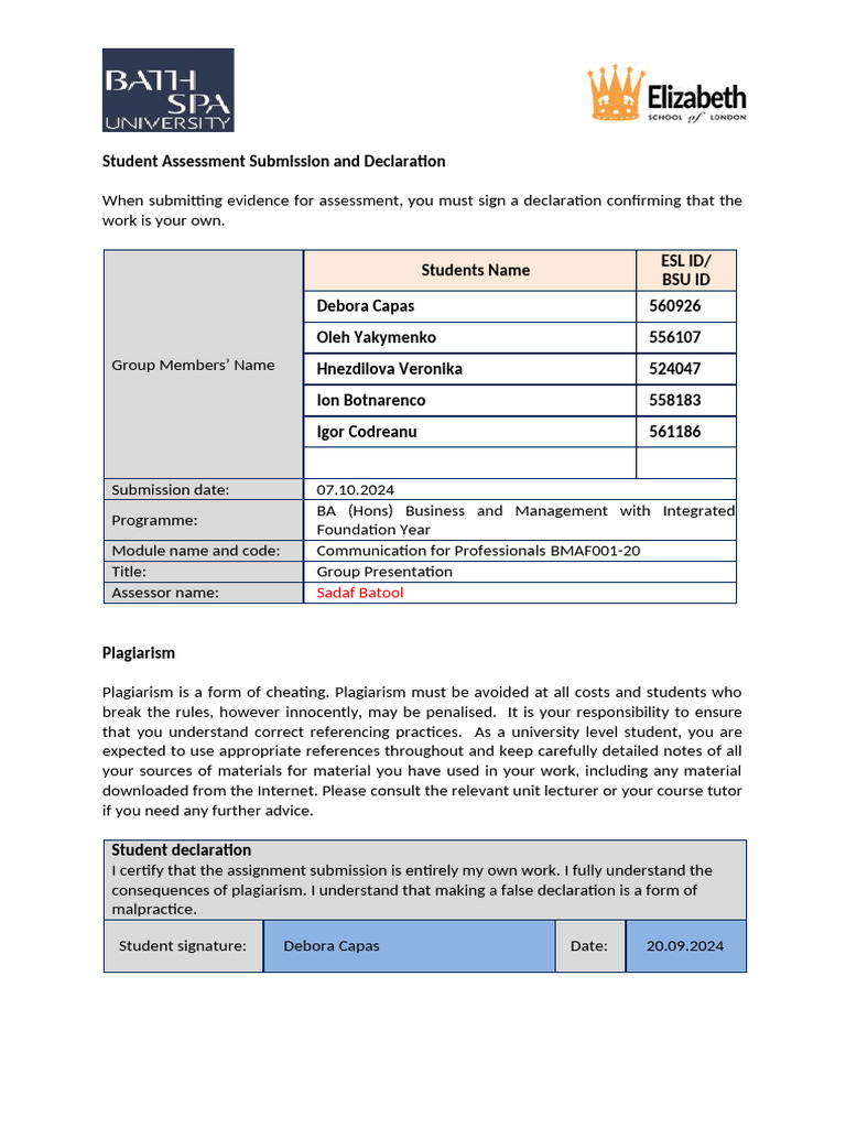 Assignment Cover Page For Group Report | PDF
