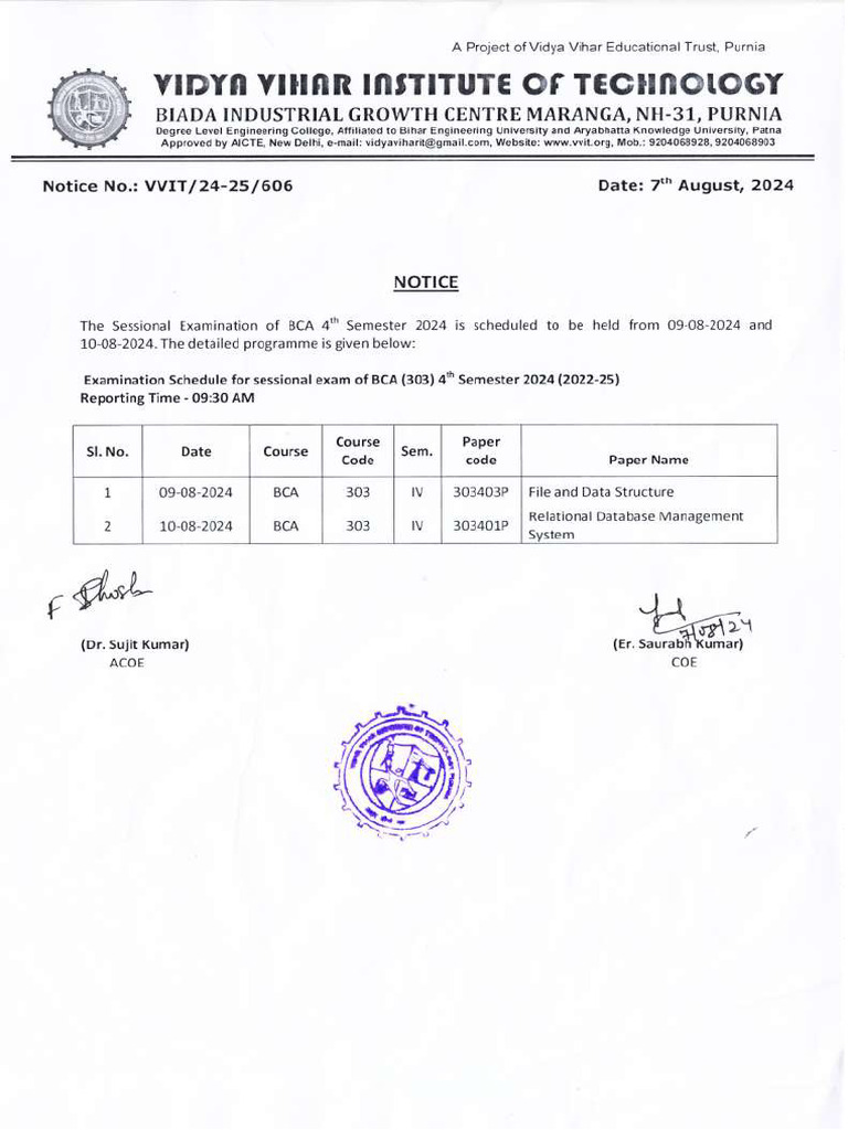Notice (606) For Sessional Exam of BCA 4th Sem 2024 | PDF