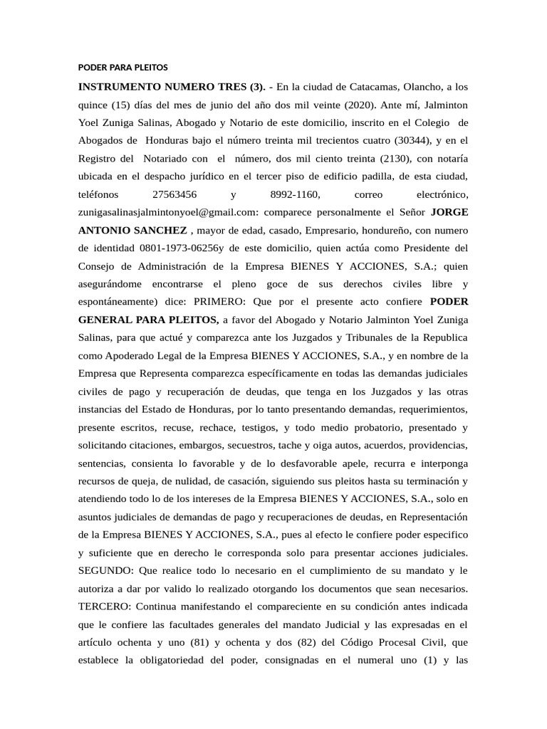 Poder para Pleitos | PDF | Documento de identidad | Honduras