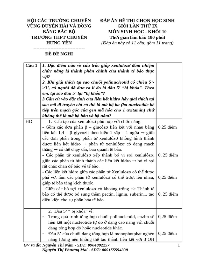 Dap An de Duyen Hai 2016 - Sinh 10 | PDF