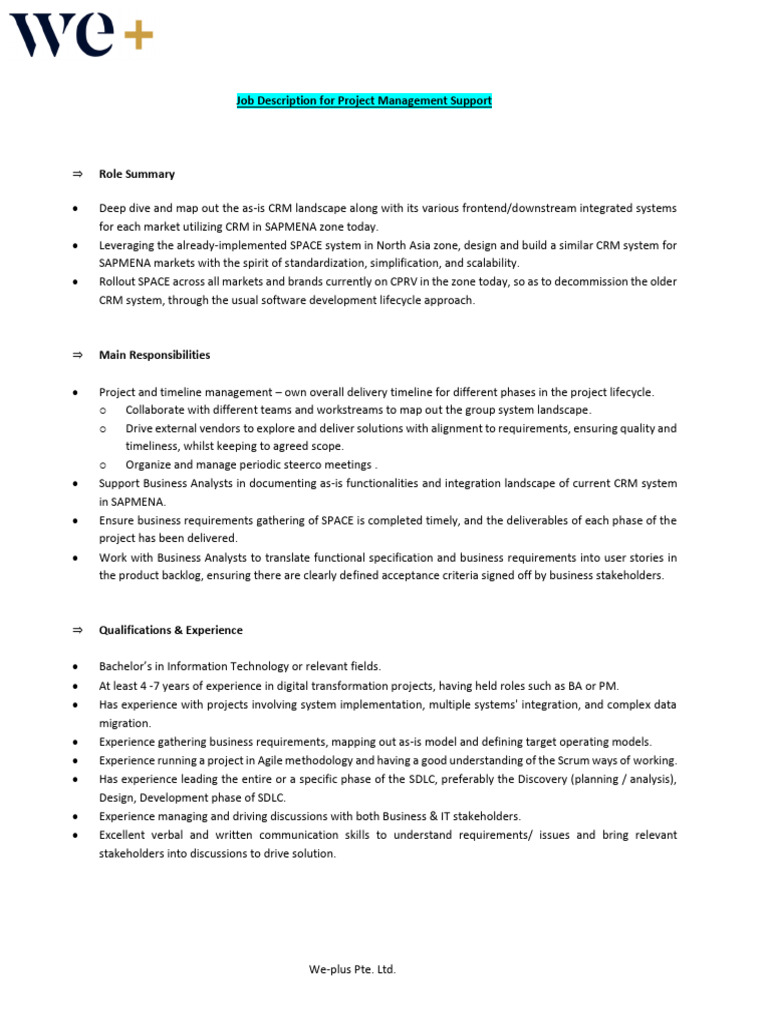 (We+) JD - Project Management Support | PDF