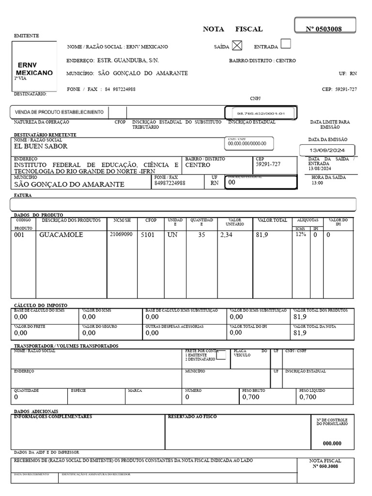 NOTA FISCAL Modelo | PDF