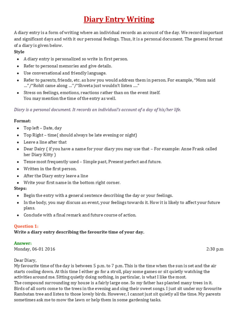 Diary Entry Samples Class 8 | PDF