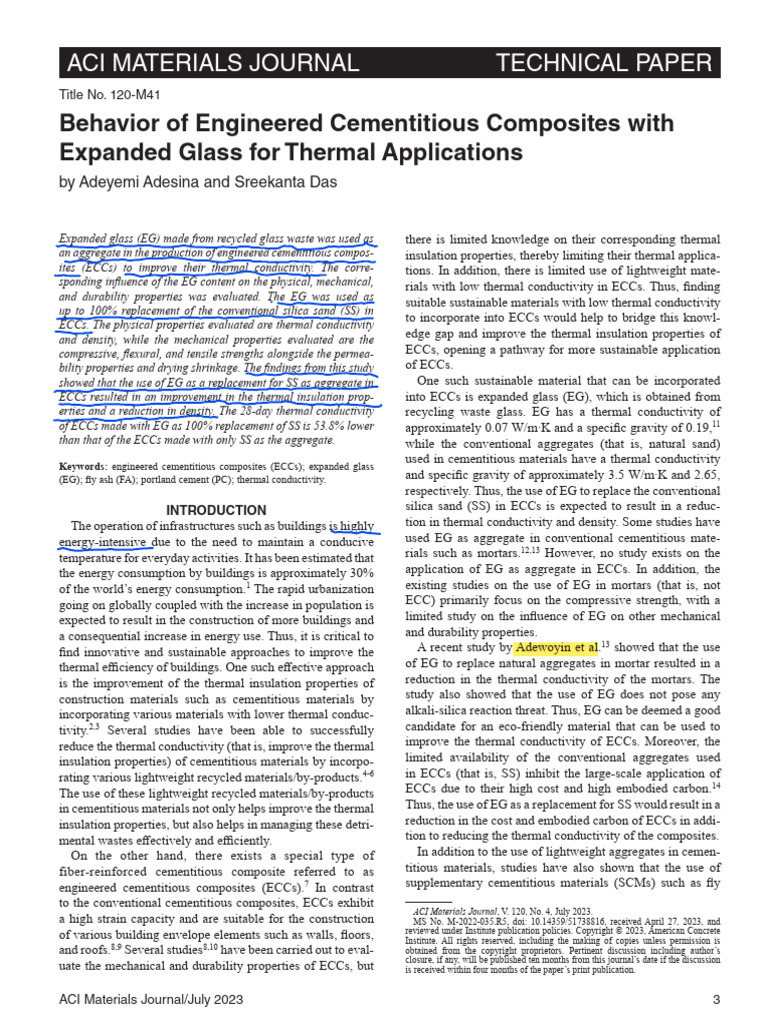 Behavior of Engineered Cementitious Composites With Expanded Glass For ...