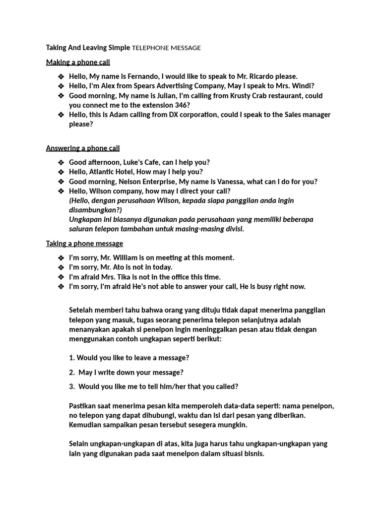 Taking and Leaving Simple TELEPHONE MESSAGE | PDF