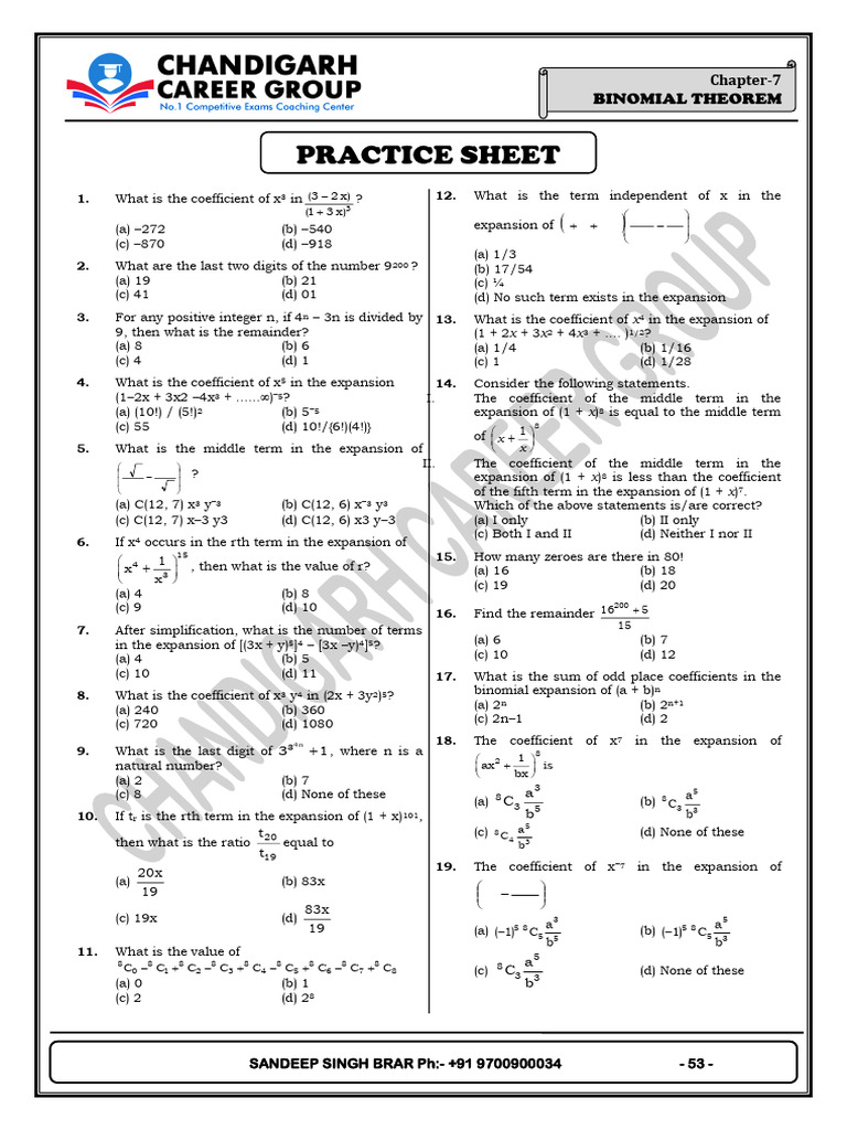CH - 7 Binomial Theorem | PDF