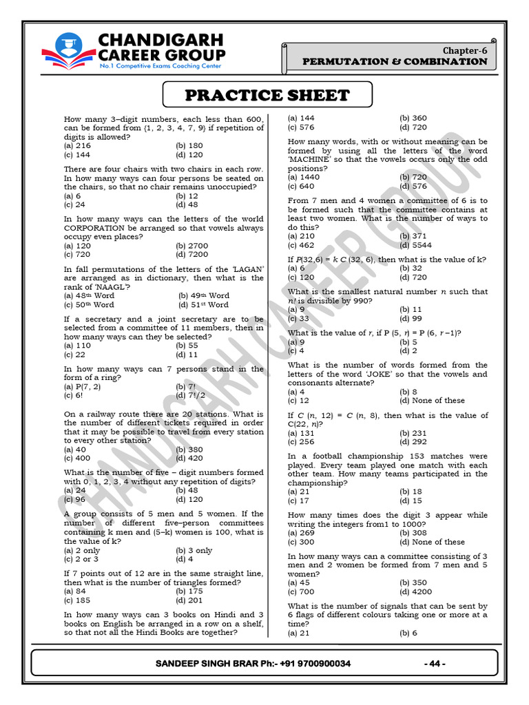 CH - 6 Permutation and Combination | PDF | Consonant | Permutation