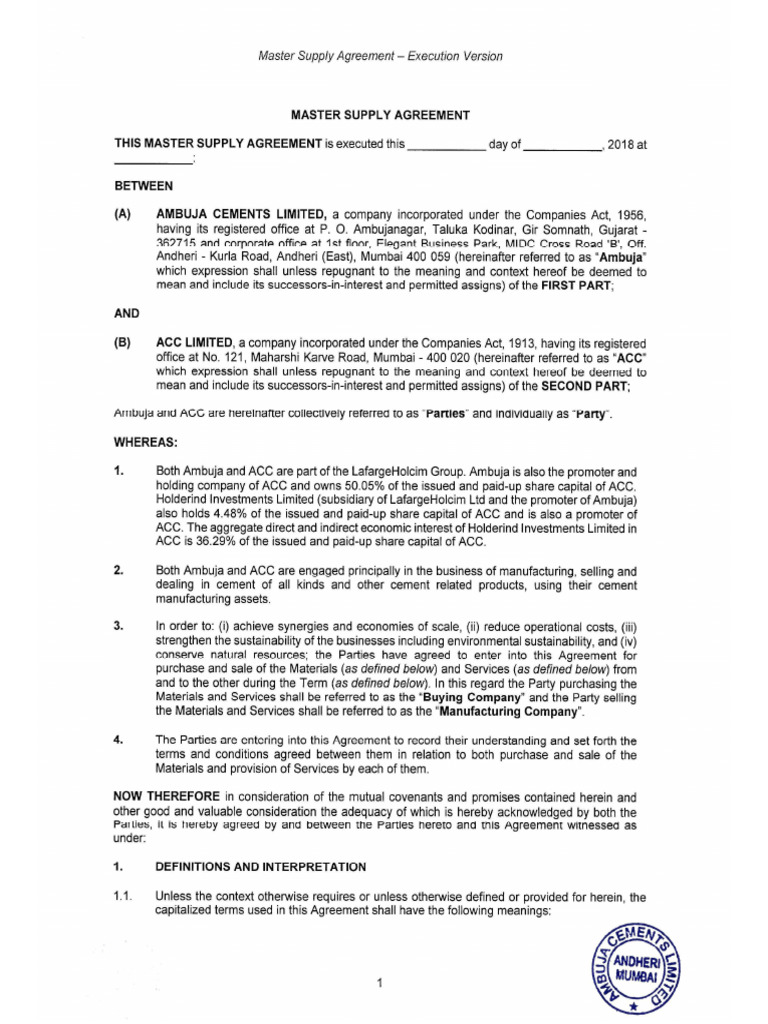 Abuja Cement India Draft Contract For Cement Export | PDF