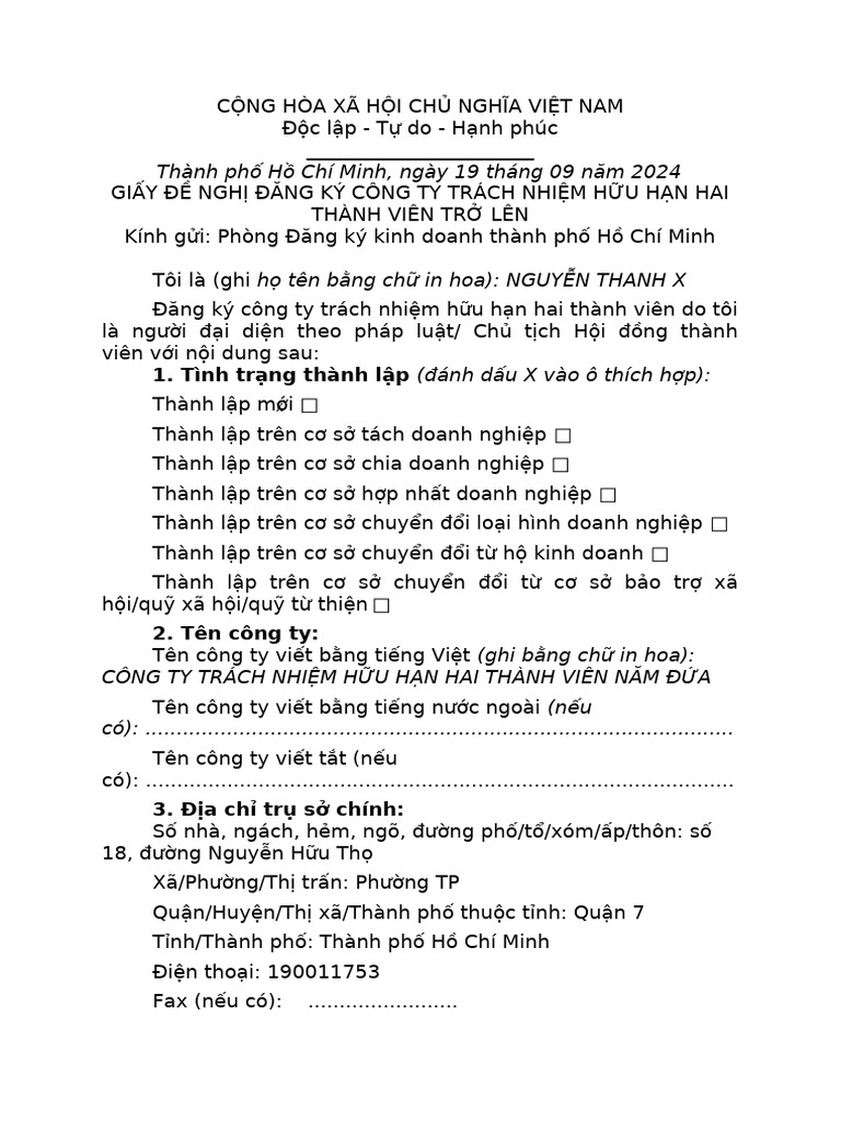 Giay de Nghi Dang Ky Doanh Nghiep | PDF