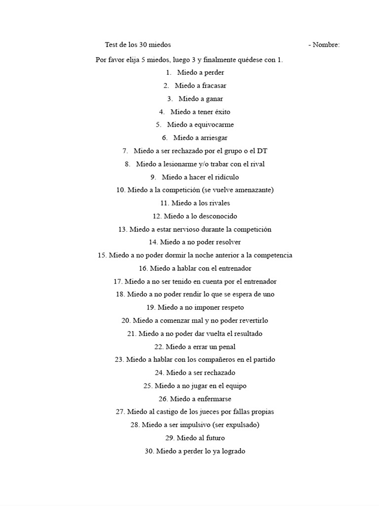 Test de Los 30 Miedos - Roffé. M | PDF