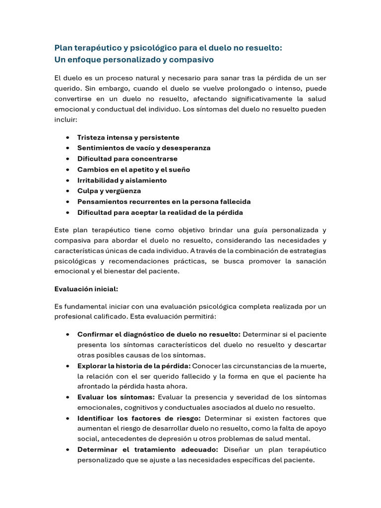 Plan Terapéutico y Psicológico para El Duelo No Resuelto | PDF | Dolor | Terapia de conducta ...