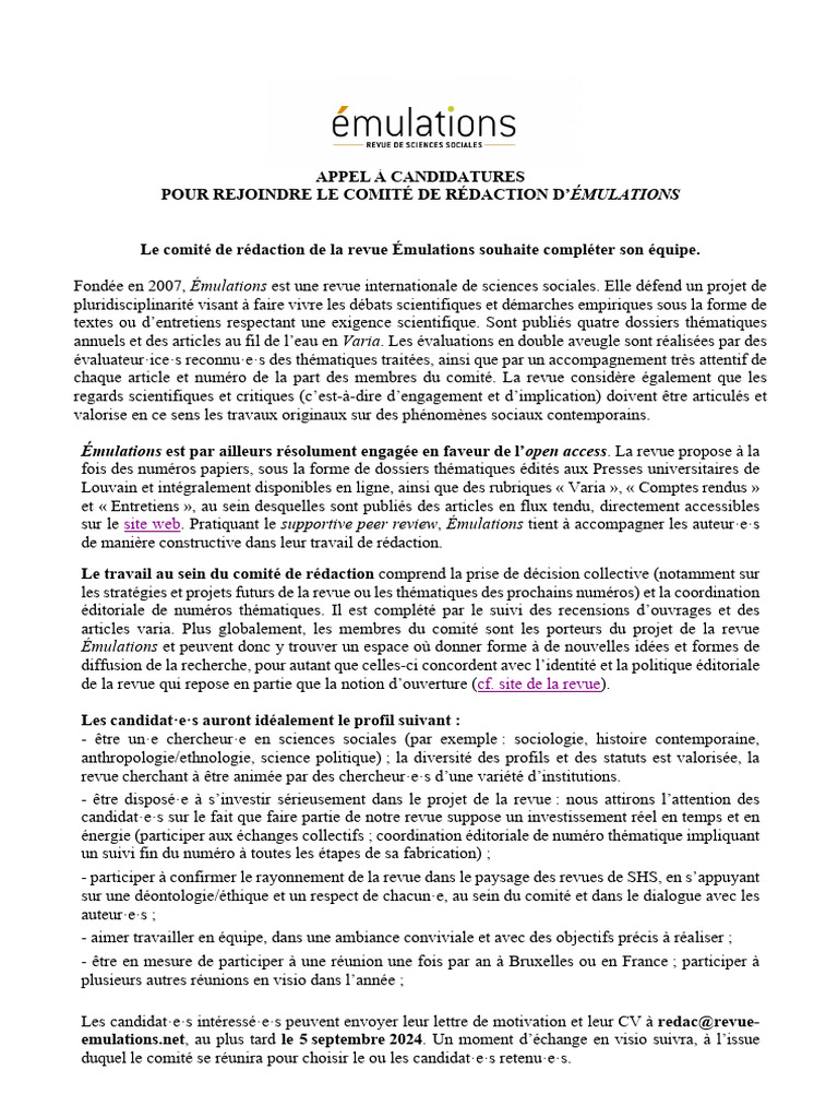Emulations - Appel - A - Candidatures - Membre - Du - Comite - de - Redaction - 2024 - 1 | PDF