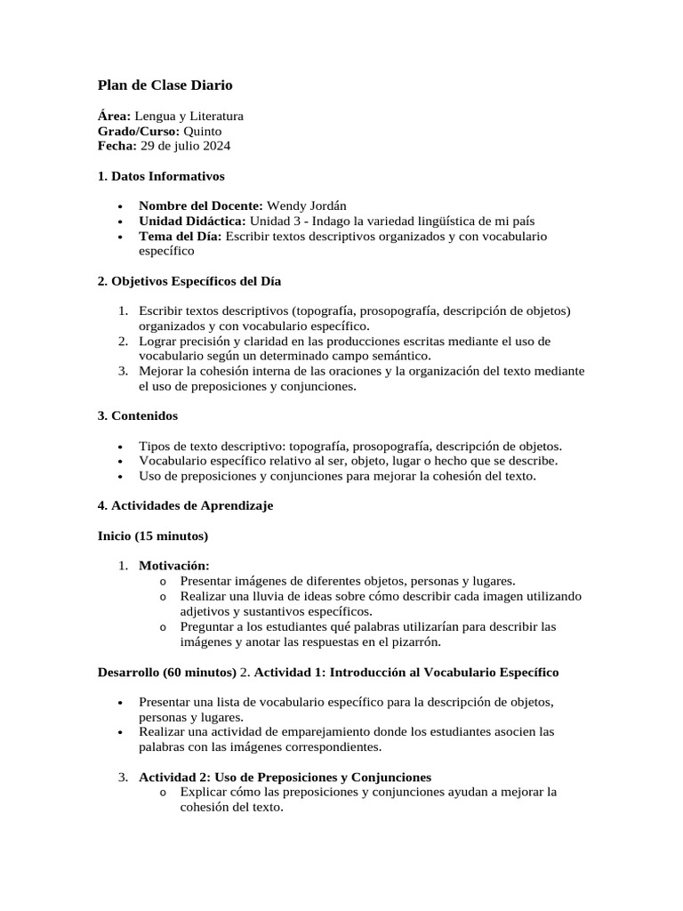 Plan de Clase Diario | PDF