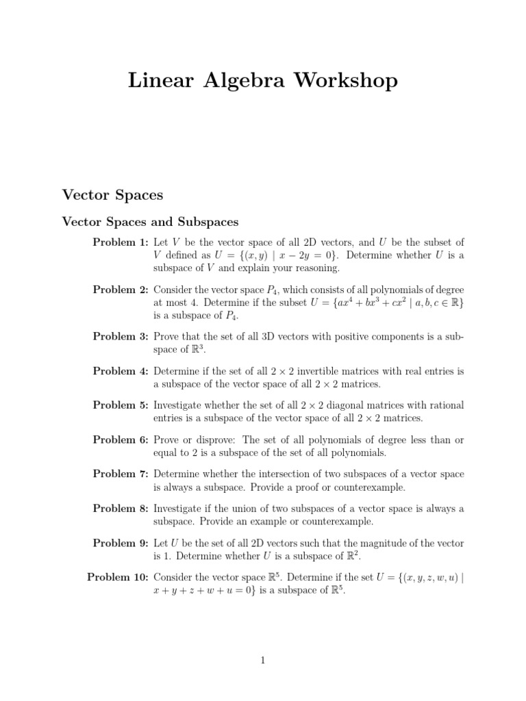 Vector Spaces Workshop Pdf