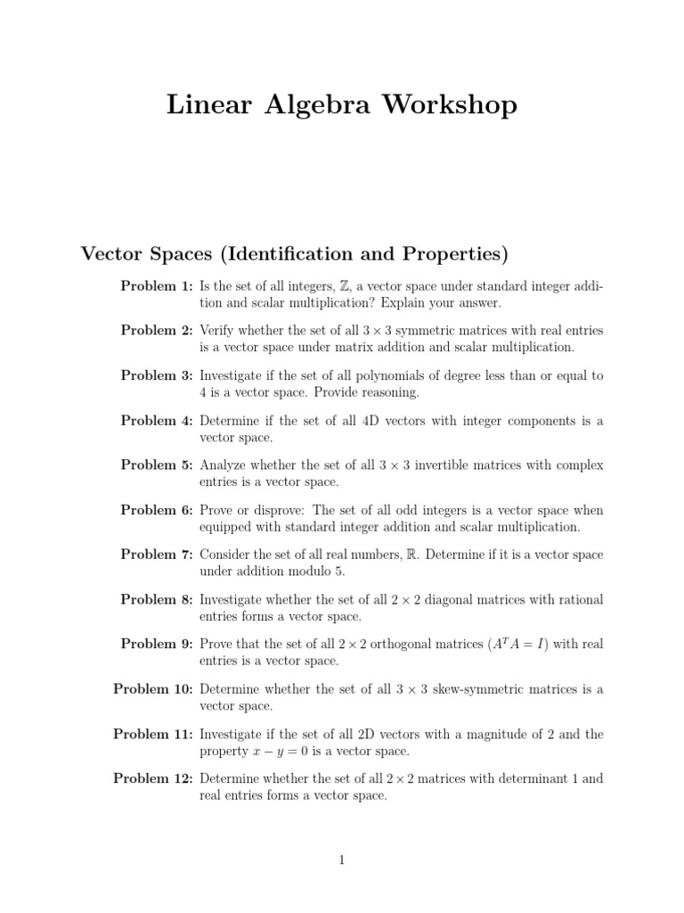 Vector Spaces & Subspaces Workshop | PDF