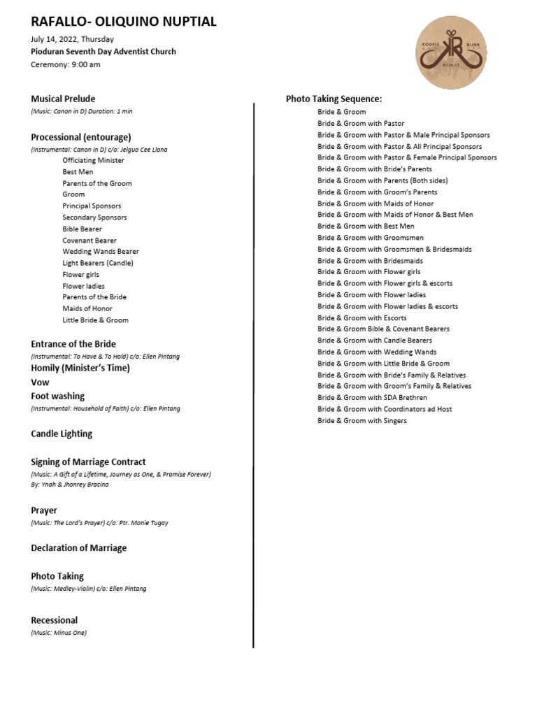 SDA Wedding Ceremony Program Sample | PDF | Bridesmaid | Religion ...