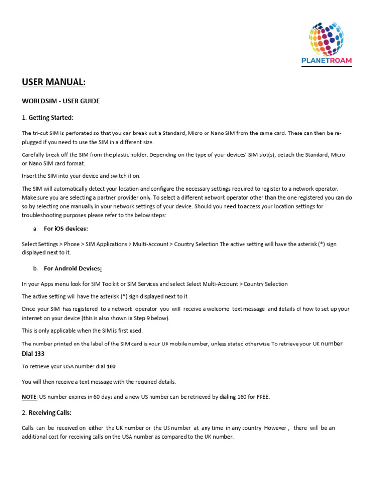 World Sim USER MANUAL | PDF | Voicemail | Finance & Money Management