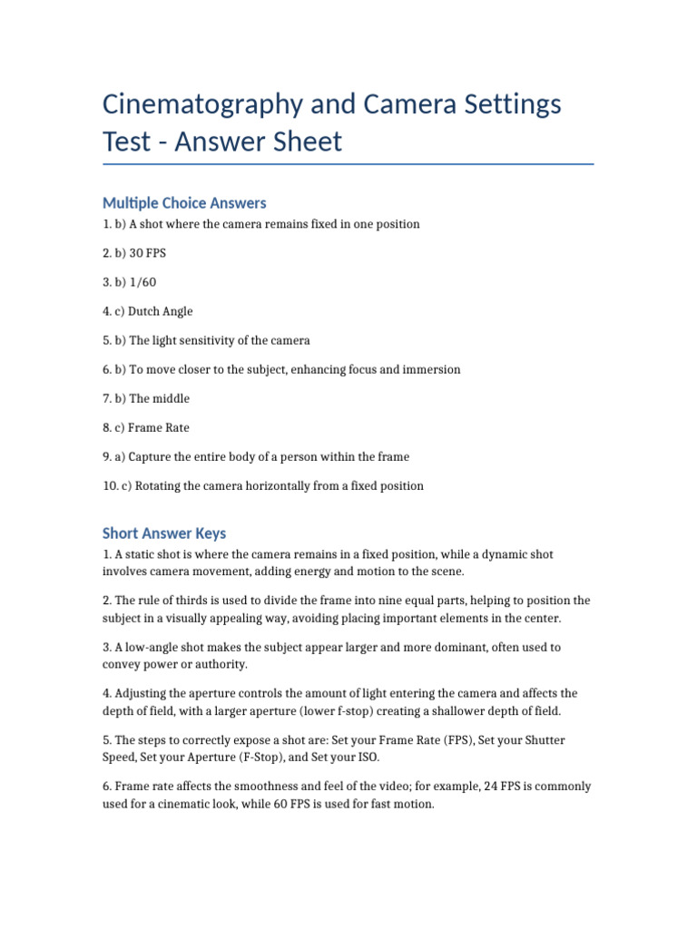Cinematography and Camera Settings Test Answer Sheet | PDF